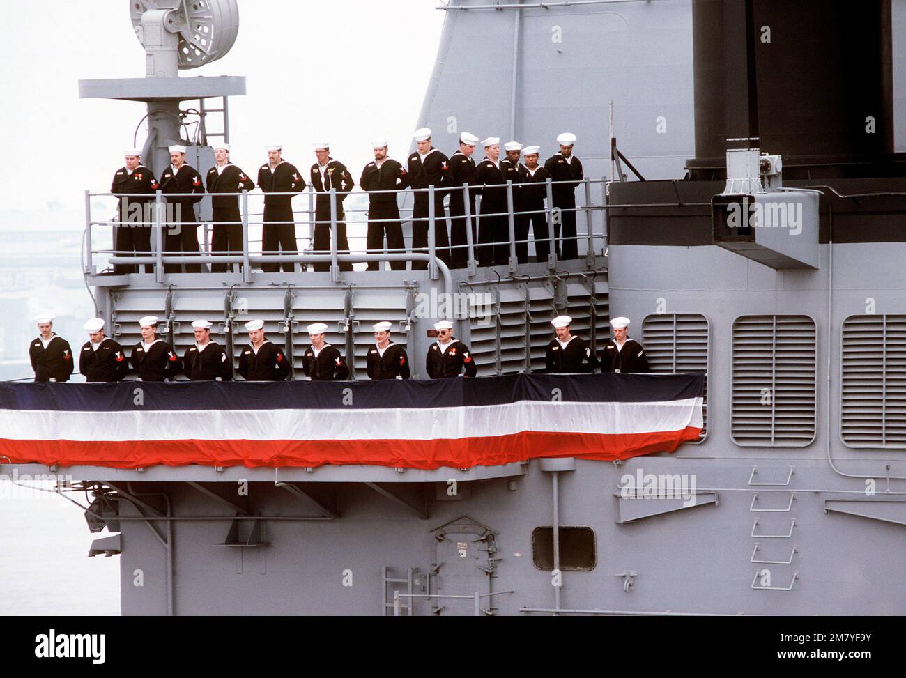 Crew members man the rail aboard the first Aegis guided missile cruiser ...