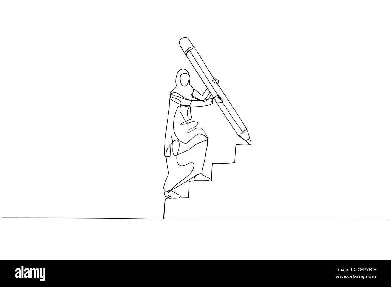 Cartoon of muslim woman use huge pencil draw staircase climbing up ...