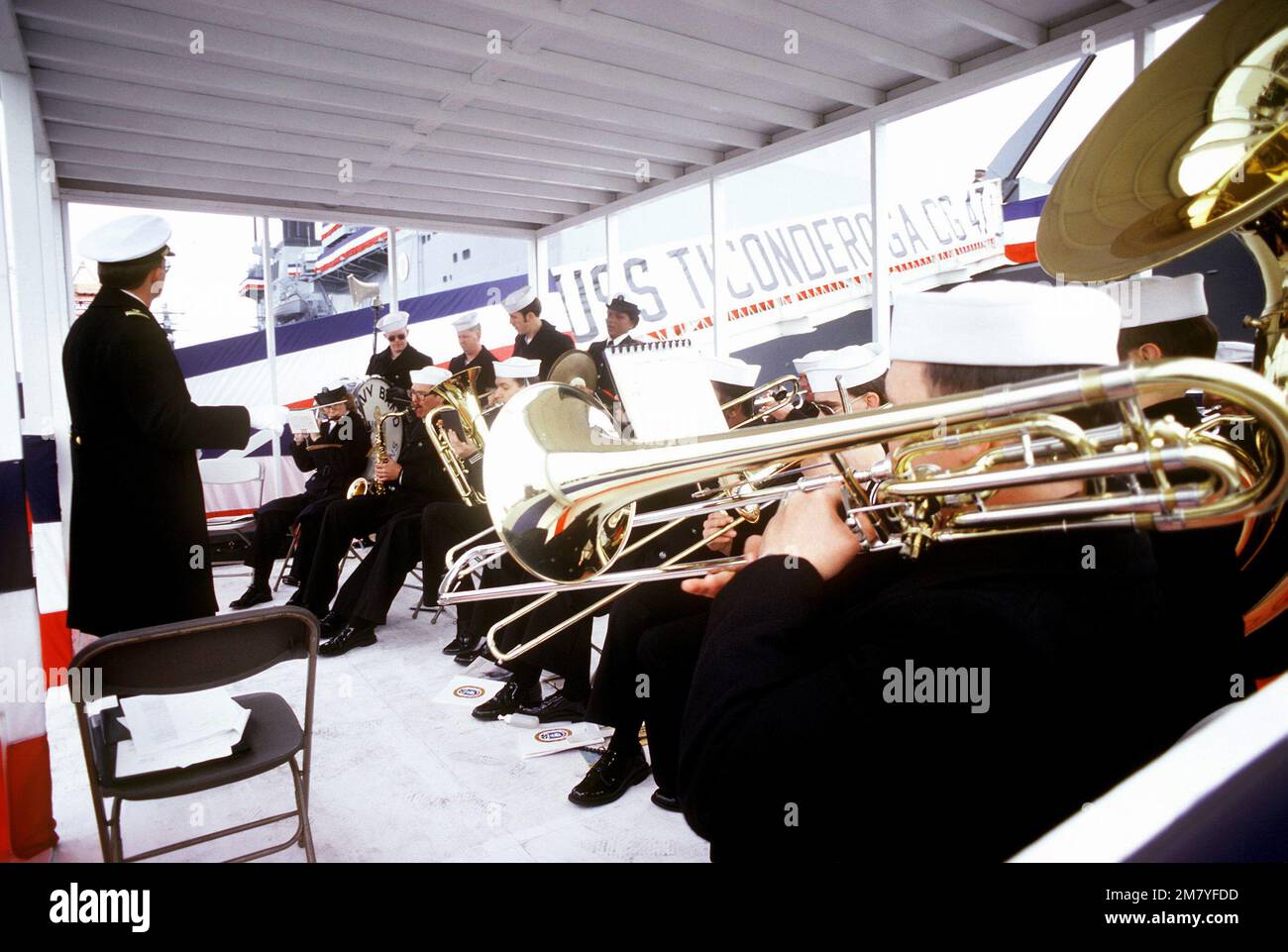 A Navy band performs during commissioning ceremonies for the first ...