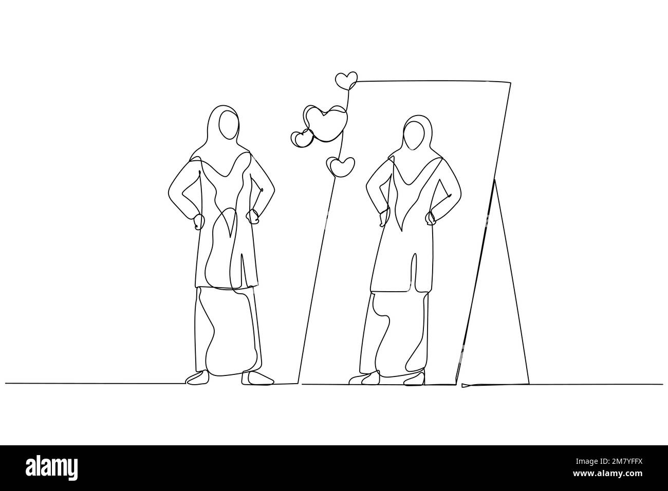 Illustration of woman wear hijab looking into mirror self loving mental ...