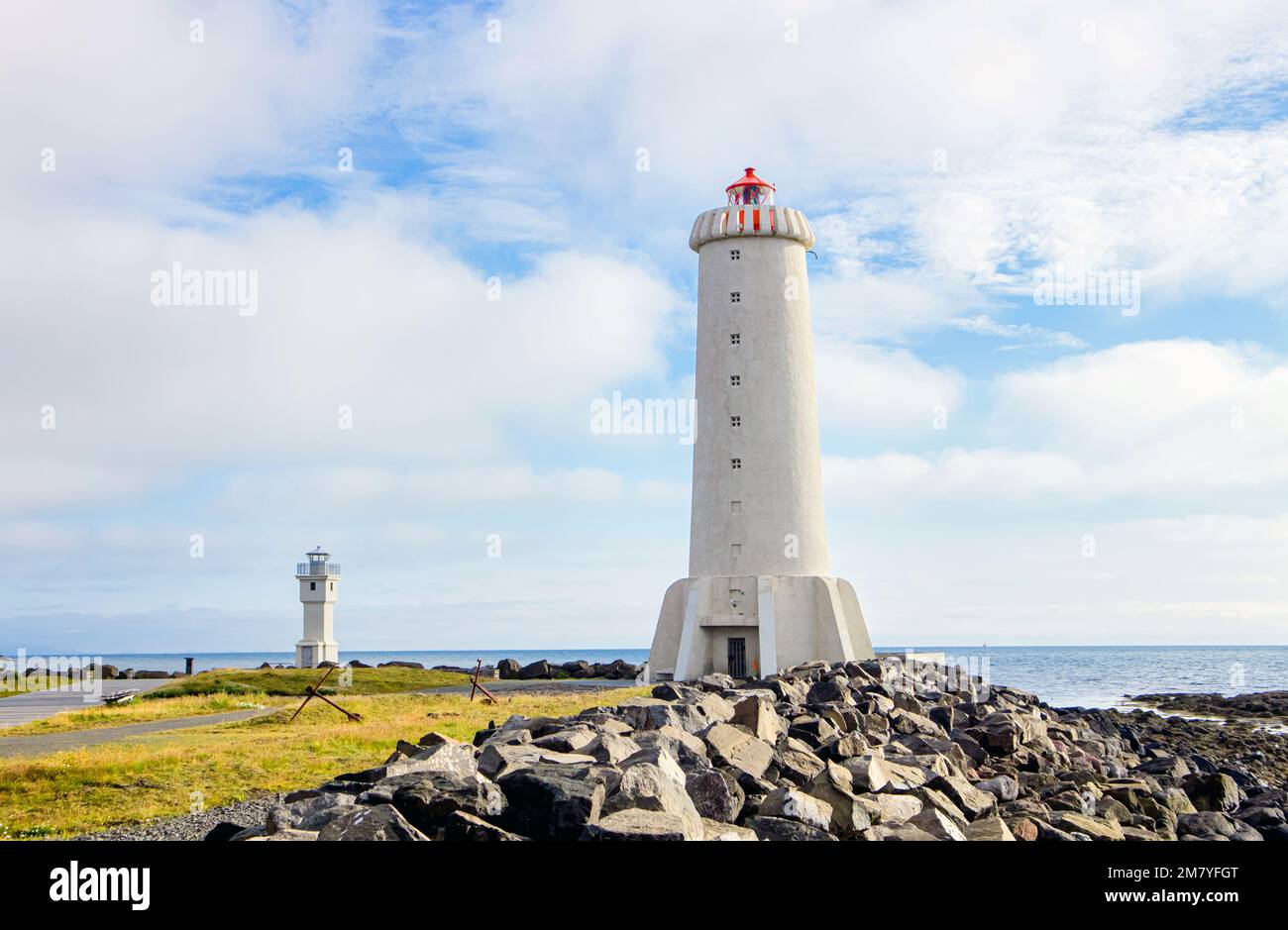 Akranes lighthouses on the west coast of Iceland. Bigger lighthouse is ...