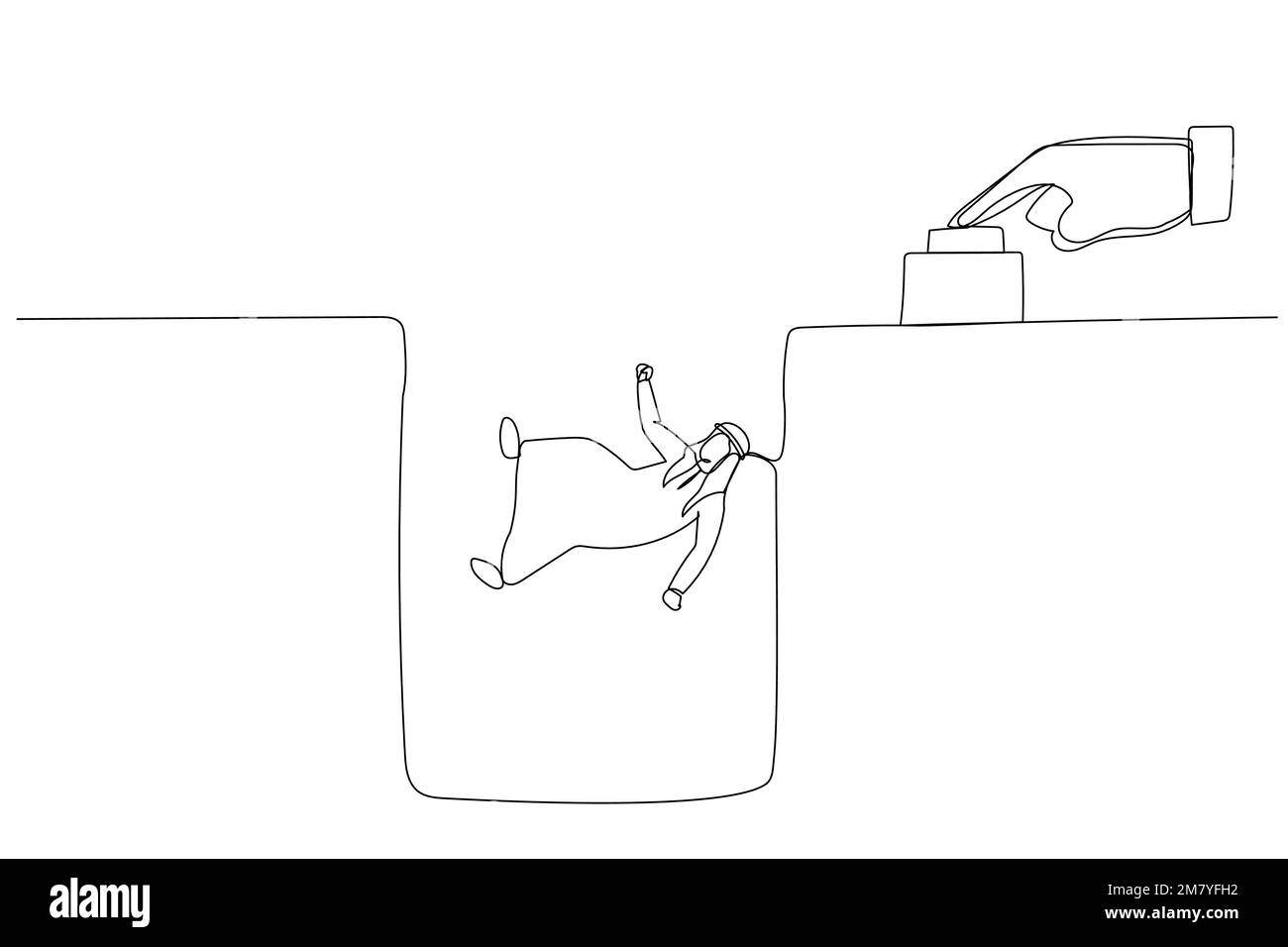 Cartoon of big hand push button make arab man dropped concept of layoff ...