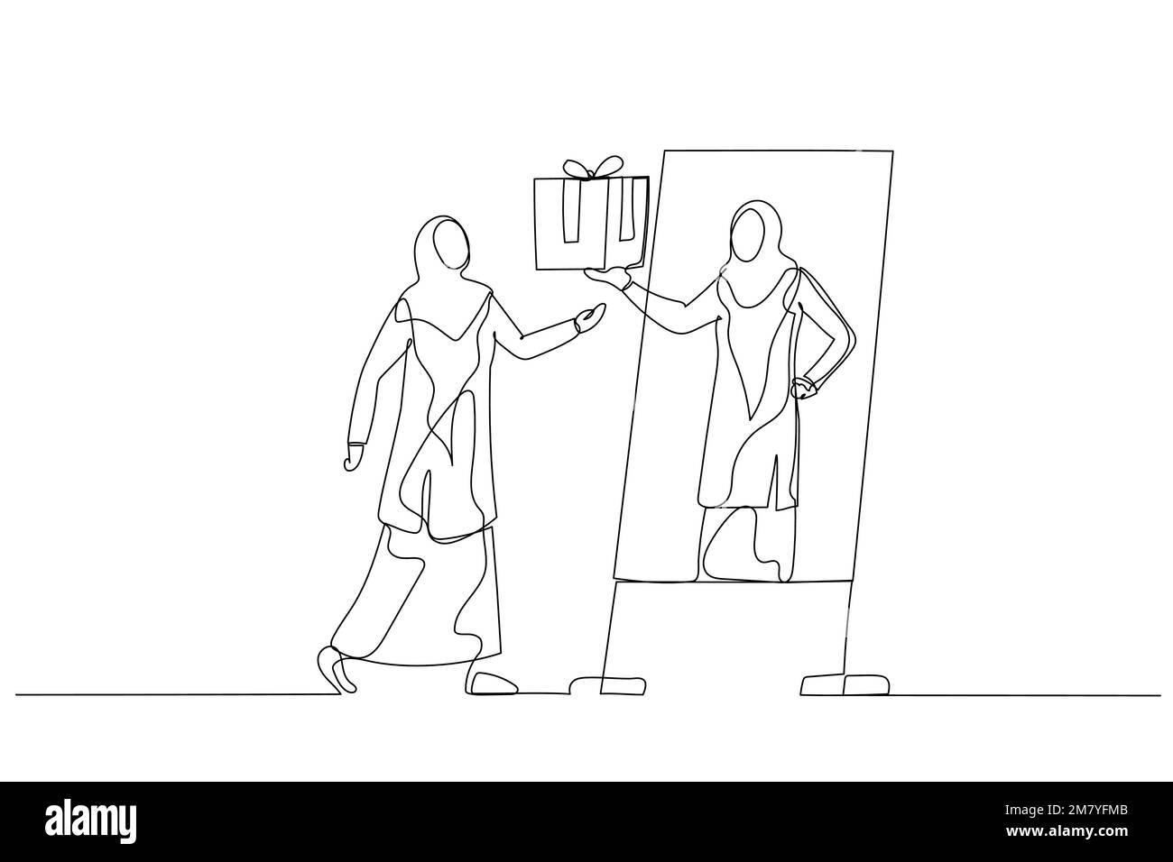 Cartoon of woman wear hijab giving reward to self when achieving goal ...