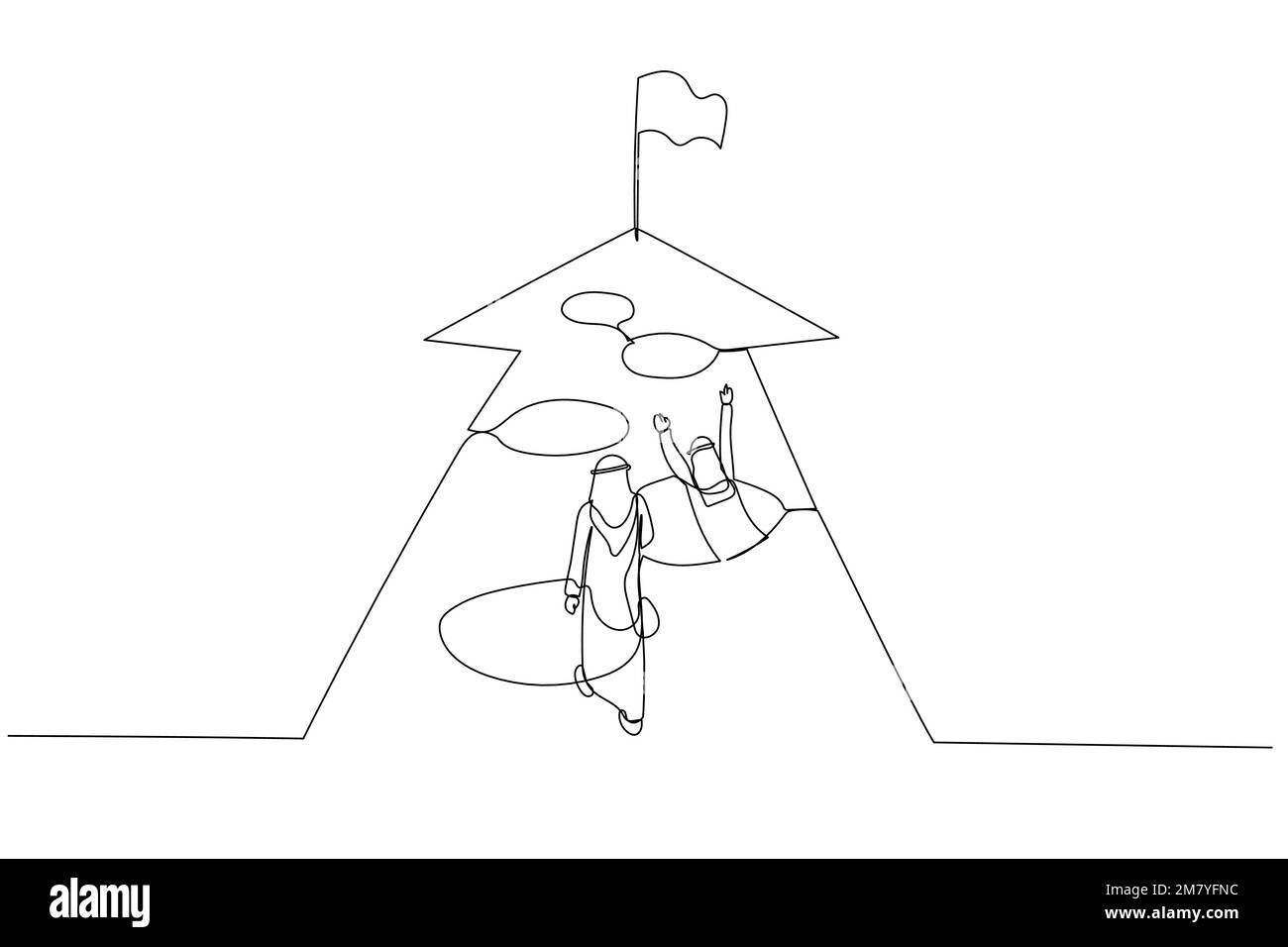 Cartoon of arab man race into success but trap on the way. Single line ...