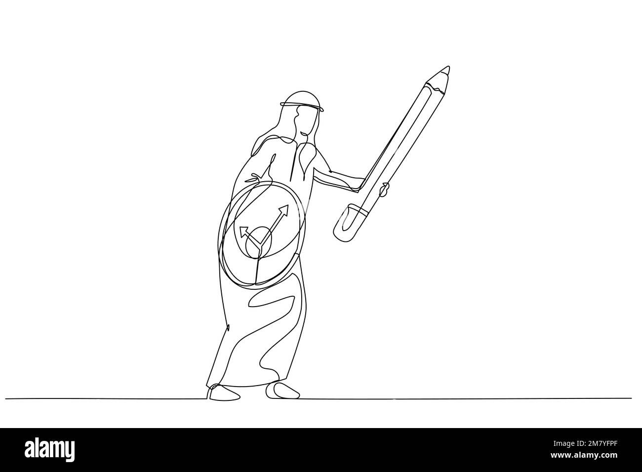 Cartoon of businesswoman using pencil as sword and clock as shield ...