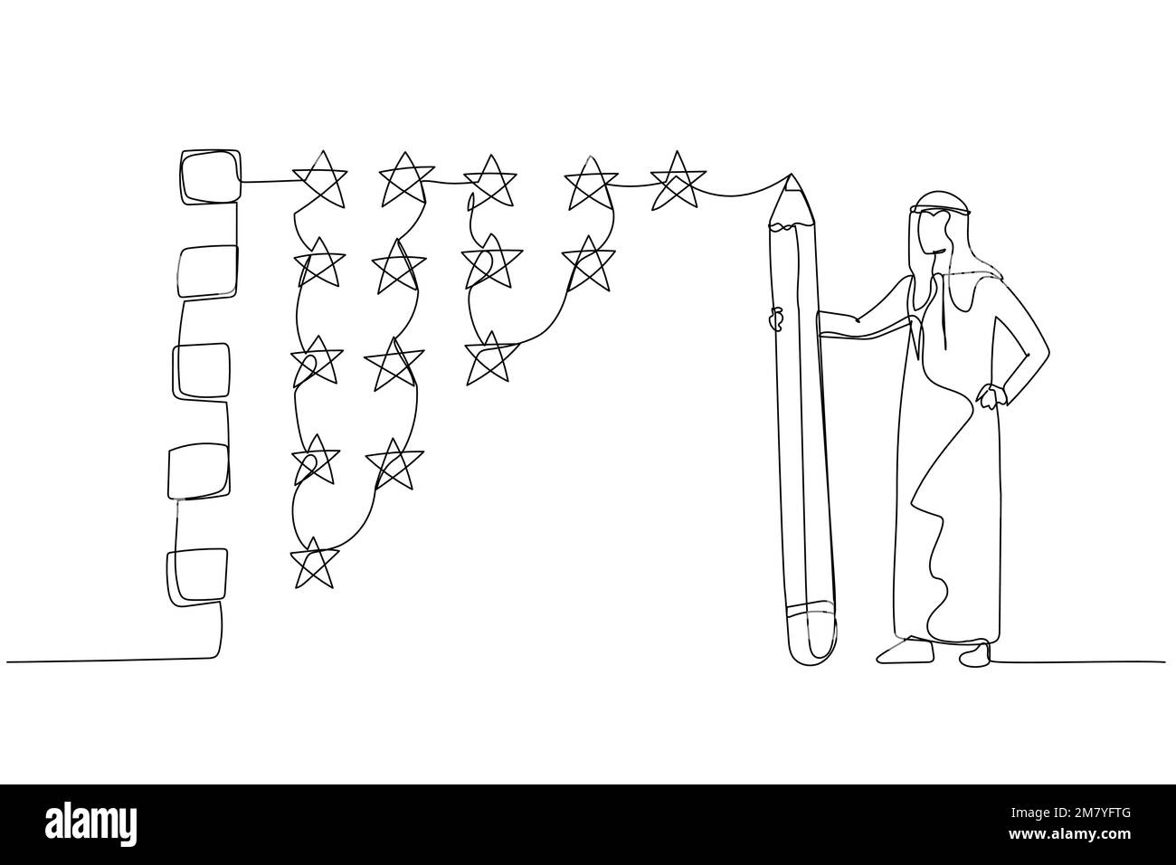 Drawing of businesswoman holding pencil to evaluate star feedback ...