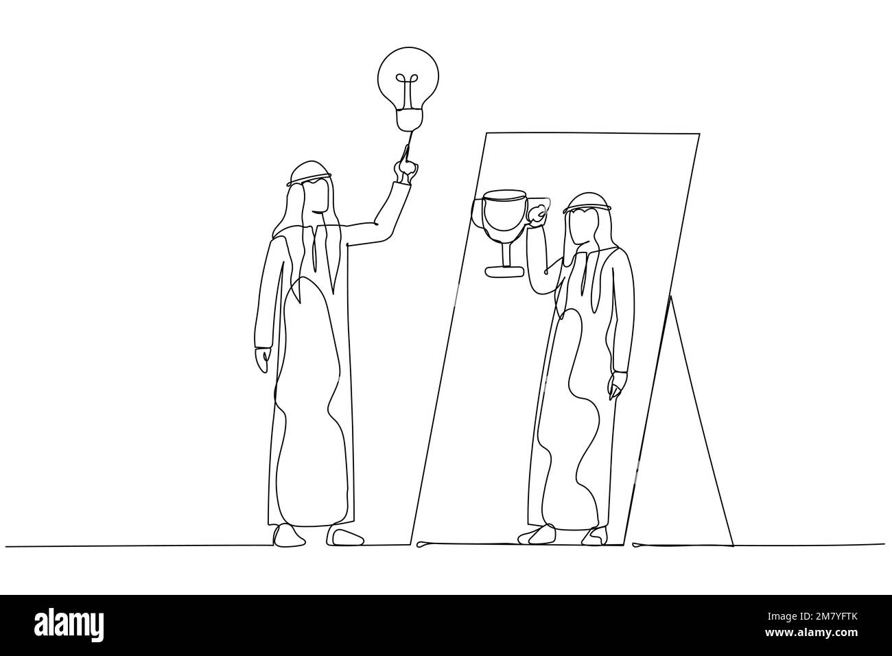 Cartoon of arab man having ide lightbulb looking into mirror have ...