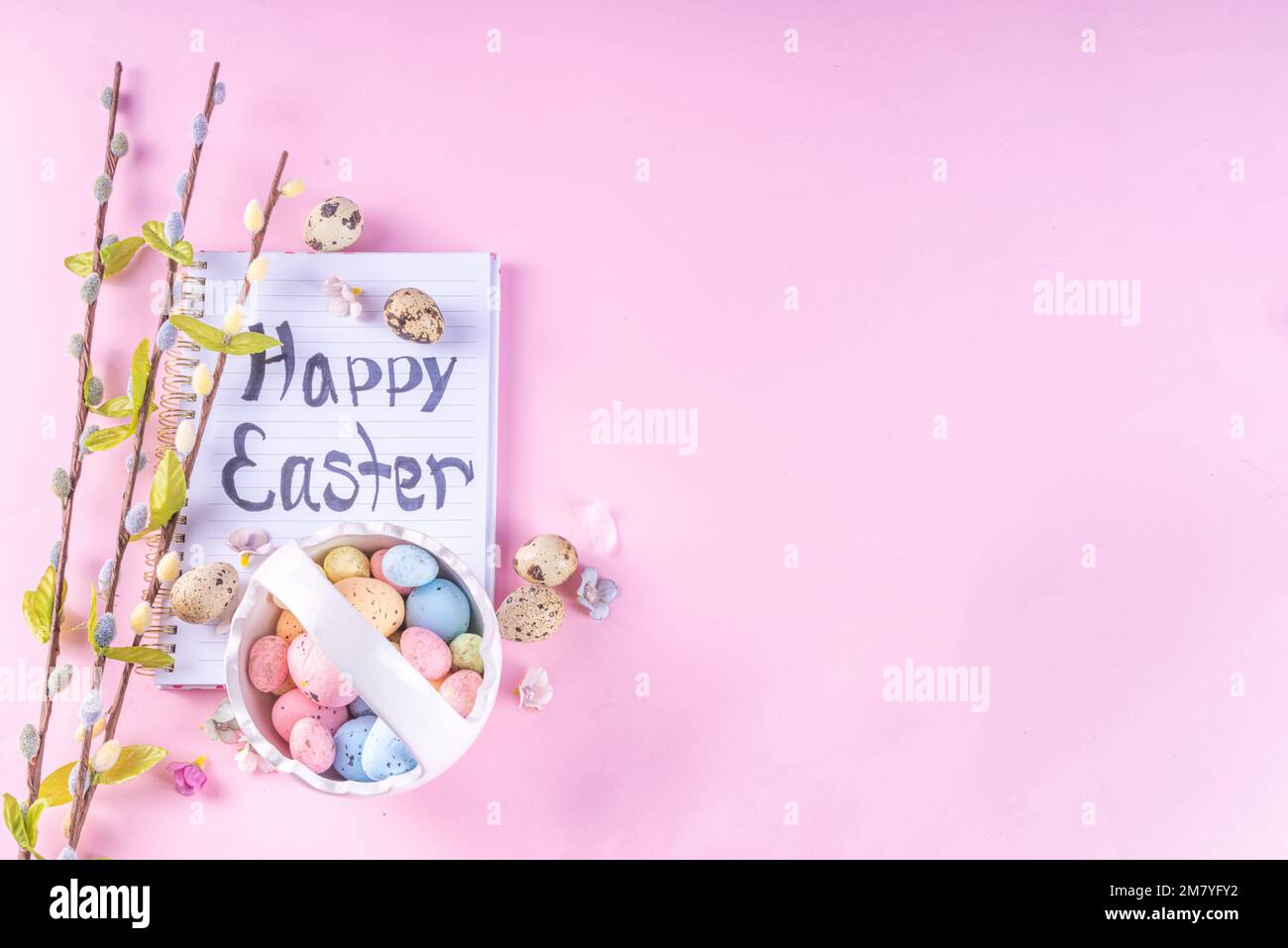 Spring Easter holiday top view background with eggs and willow flowers ...