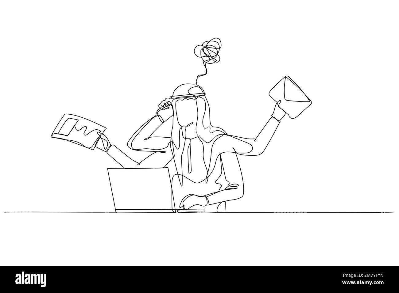 Drawing of arab man dizzy stressed because of daily work receive email ...