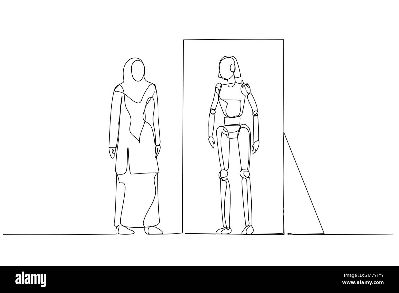 Drawing of woman wear hijab looking into mirror and seeing robot ...