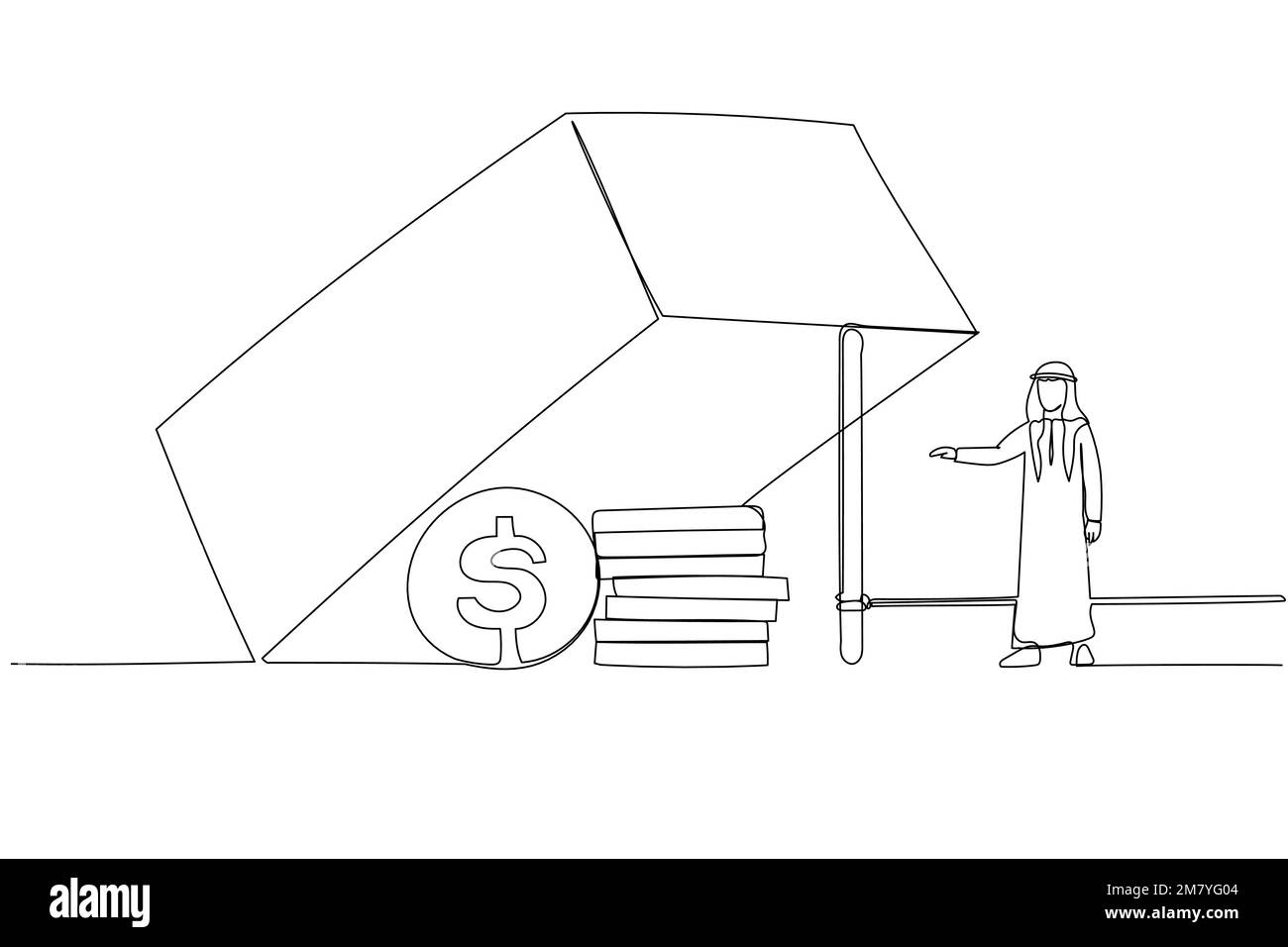 Cartoon of arab man trying to reach dollar profit in the trap metaphor ...