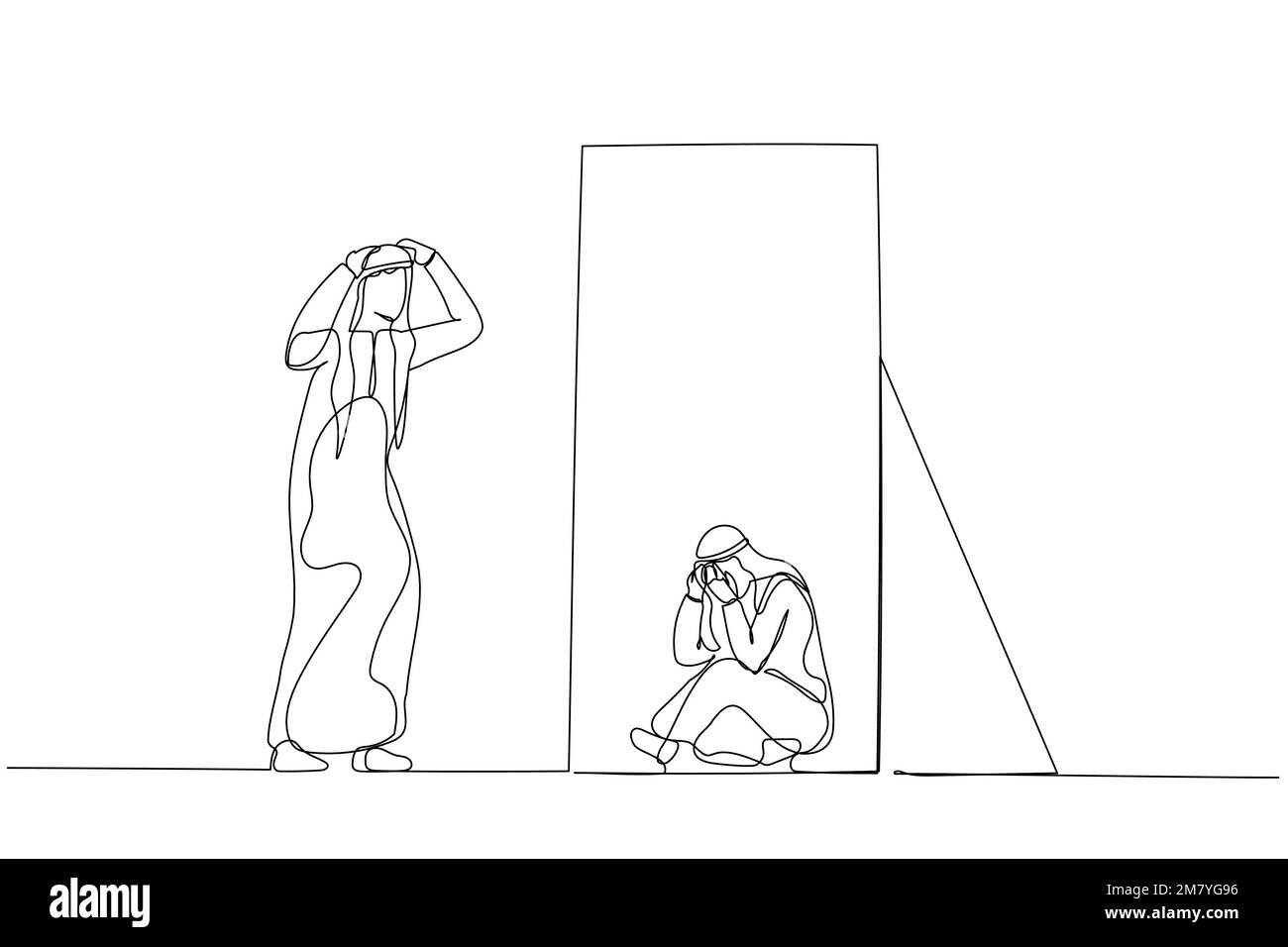 Illustration of arab man panic look into mirror seeing depressed self ...