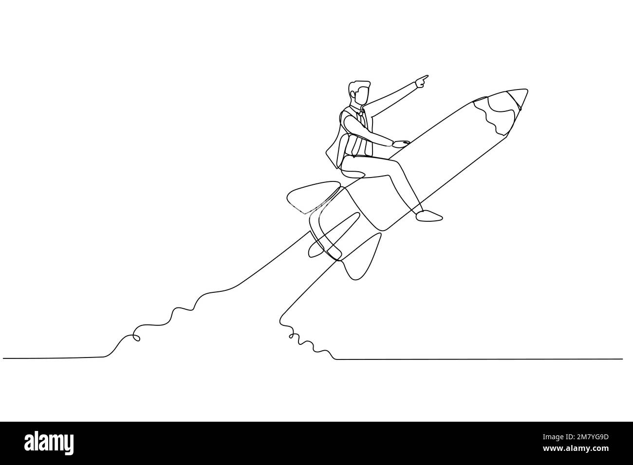 Drawing of businessman riding pencil rocket flying in the sky concept ...
