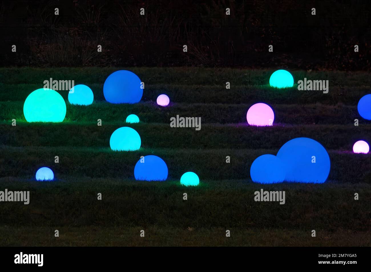 lighted balls, grassy steps, night decoration, outdoors, contrast light ...
