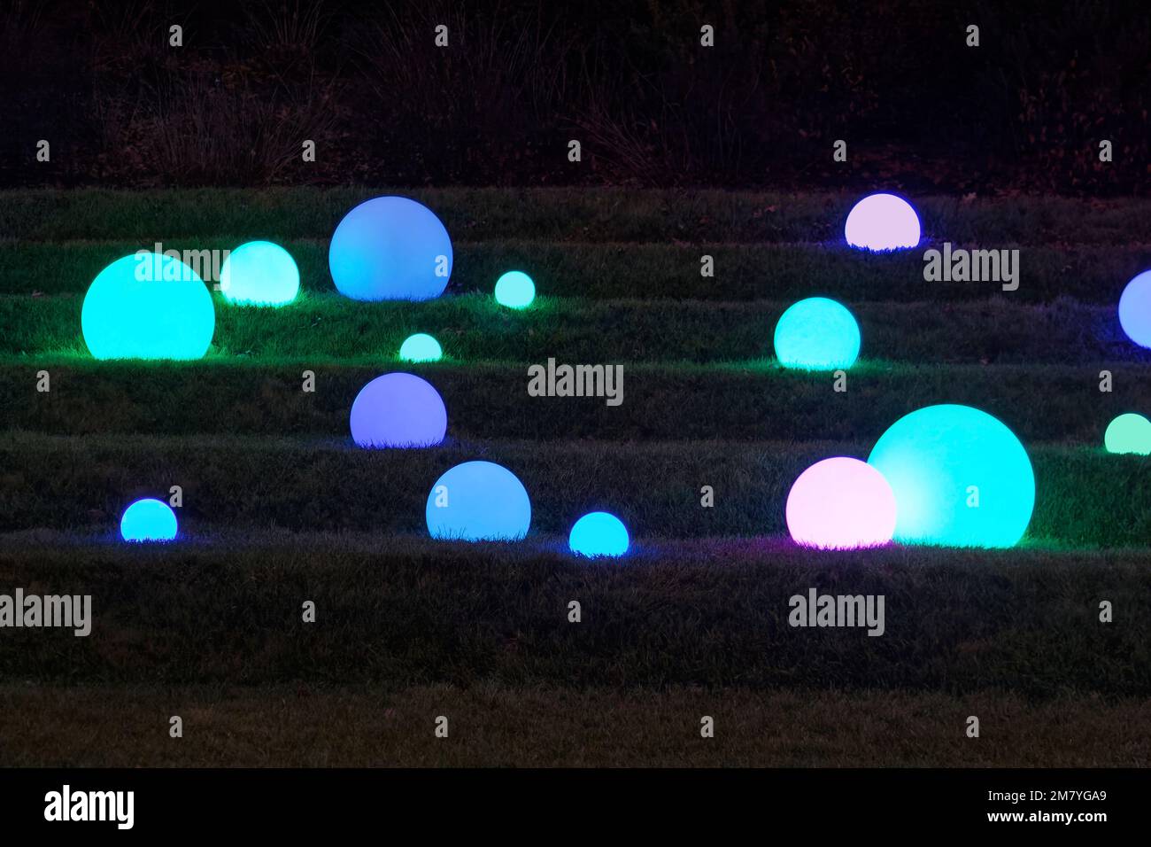 lighted balls, grassy steps, night decoration, outdoors, contrast light ...