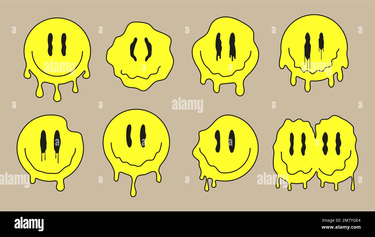 Groovy smiling faces vector. Retro doodle dripping emoji. Funny LSD ...