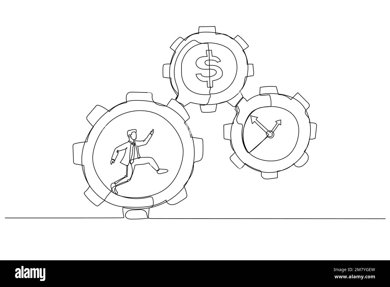 Illustration of businessman running inside gear cogs make time and ...
