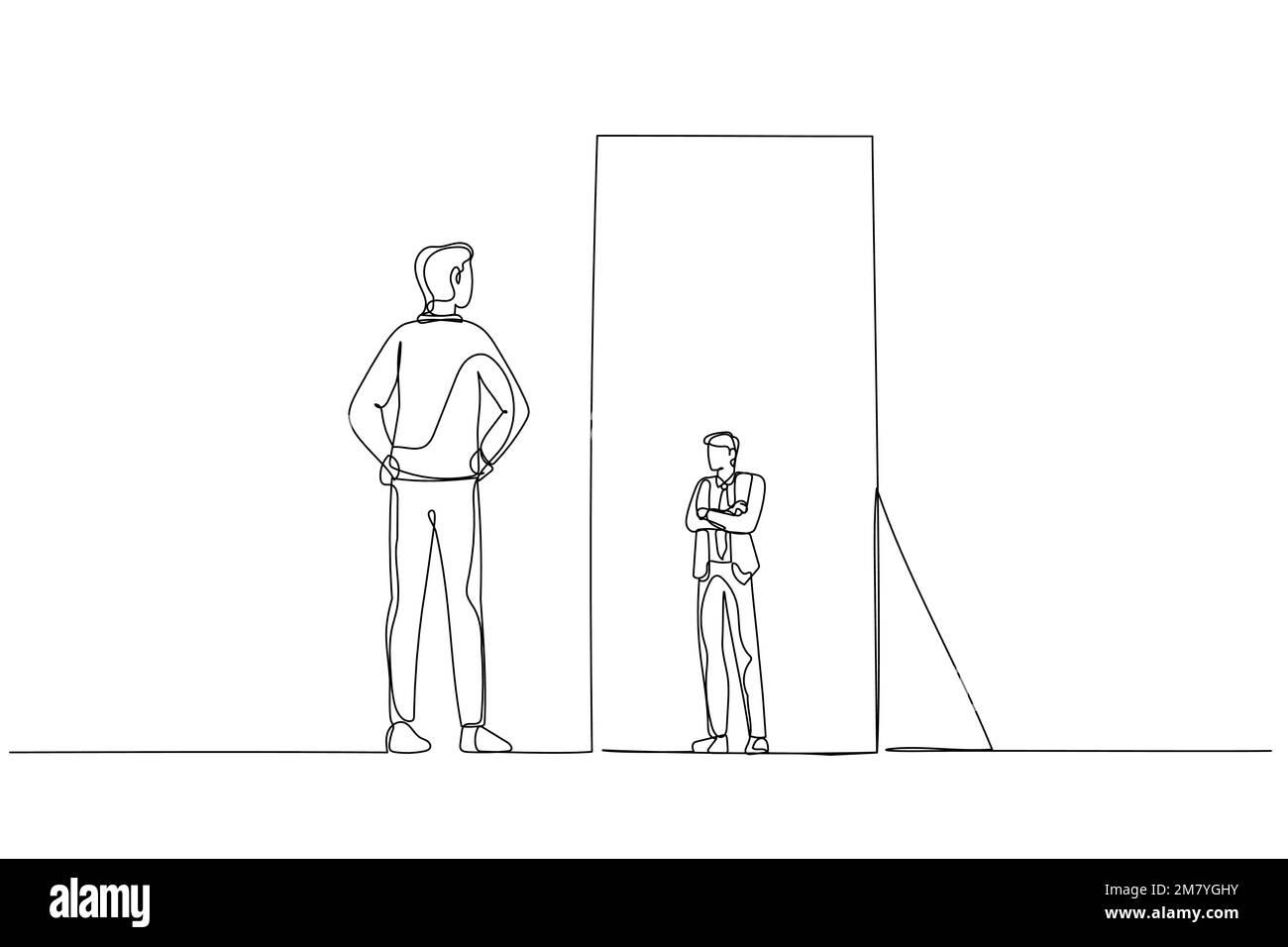 Cartoon Of Businessman Looking At The Mirror Seeing Timid Mini Version