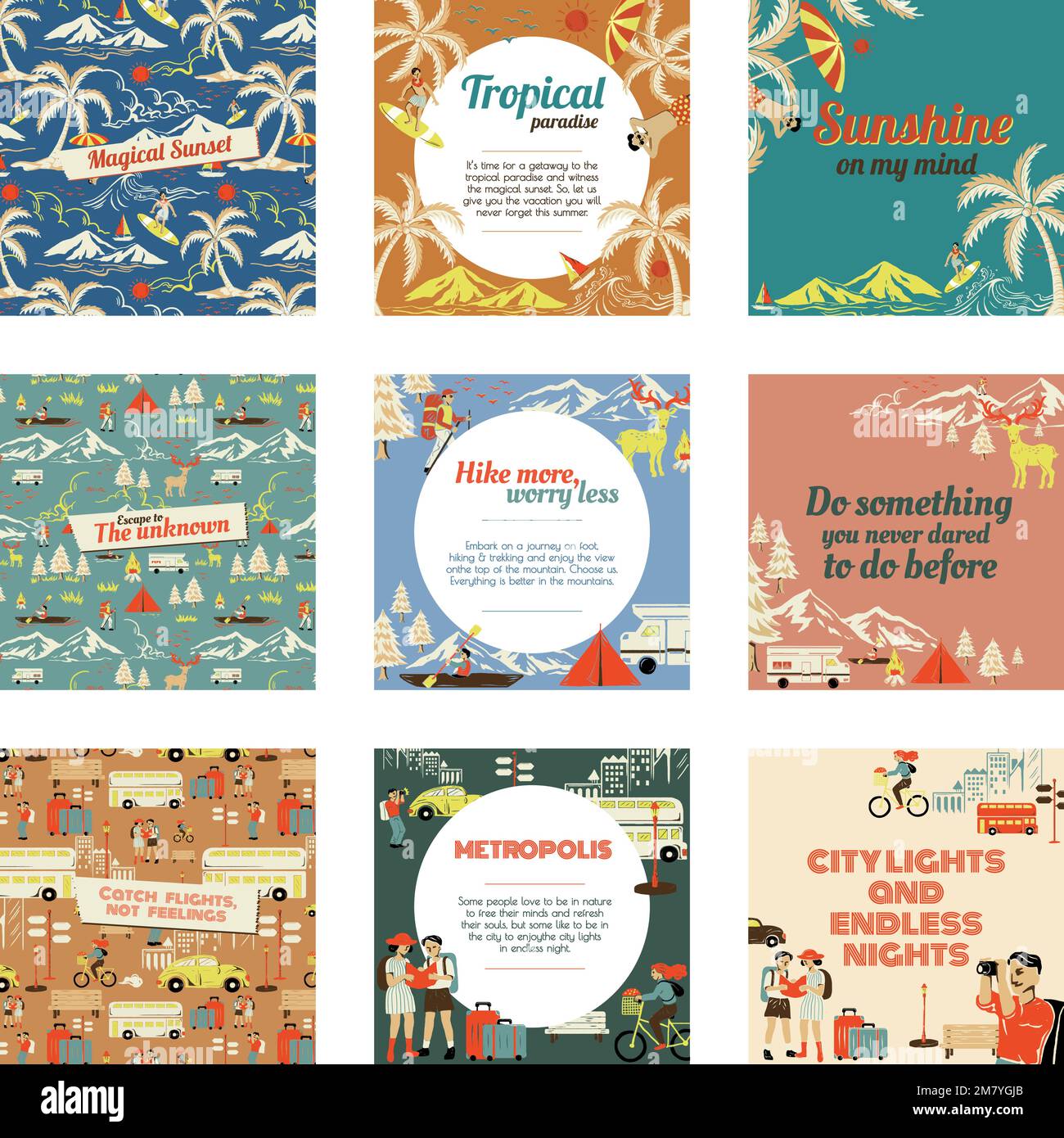 Escape hiking trip template vector holiday camping set Stock Vector ...