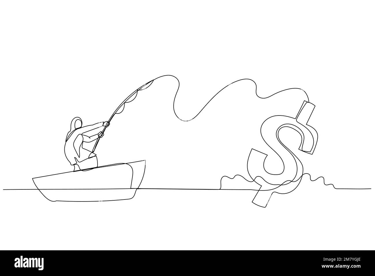 Drawing of muslim woman try to get fish fishing in the sea. One line ...