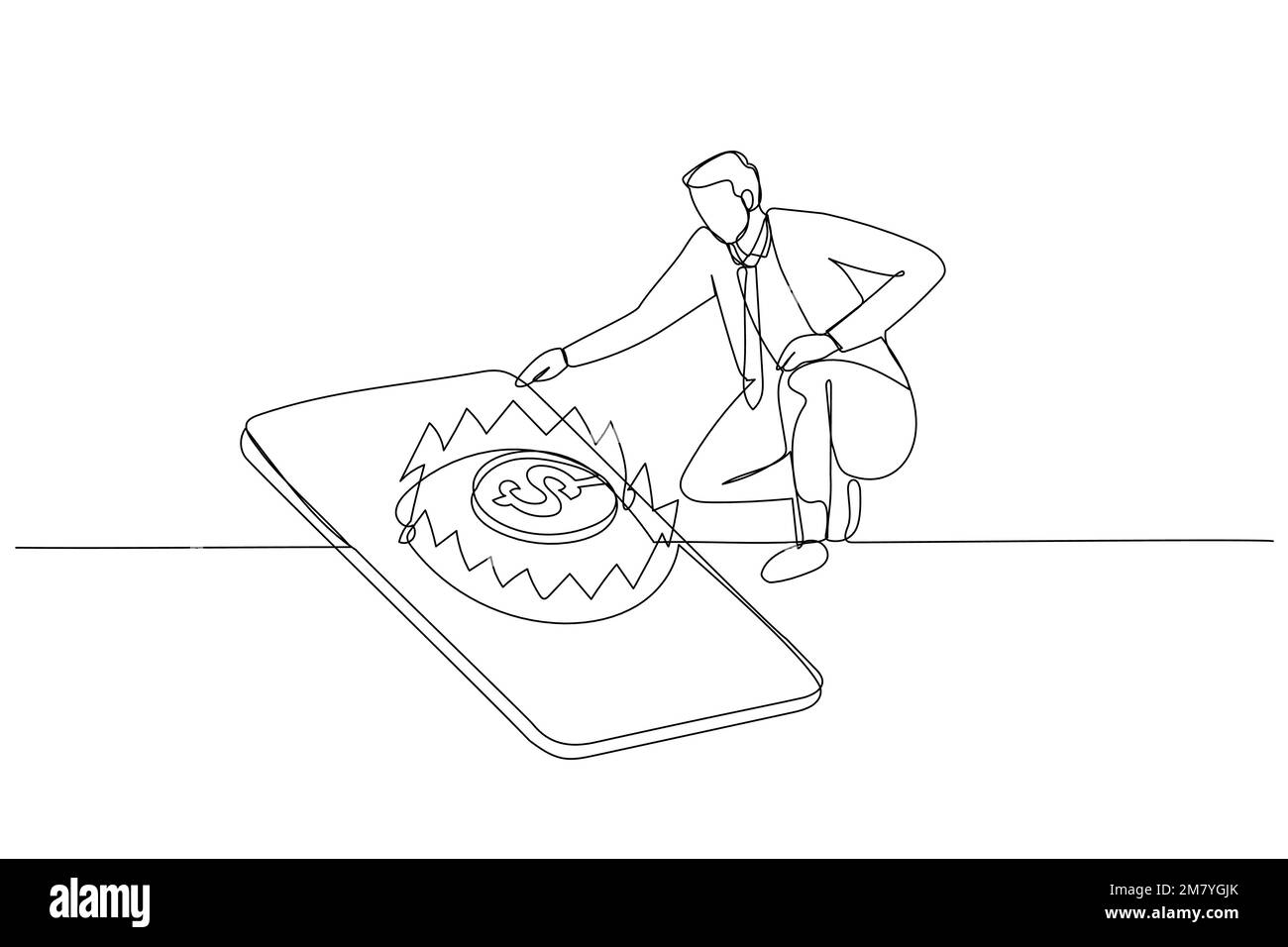 Drawing of businessman want want to snatch golden coin in mousetrap ...