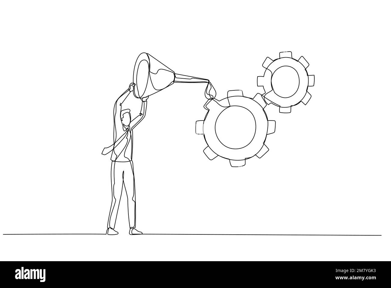 Drawing of businessman oiling gear cogwheel to make it work properly ...