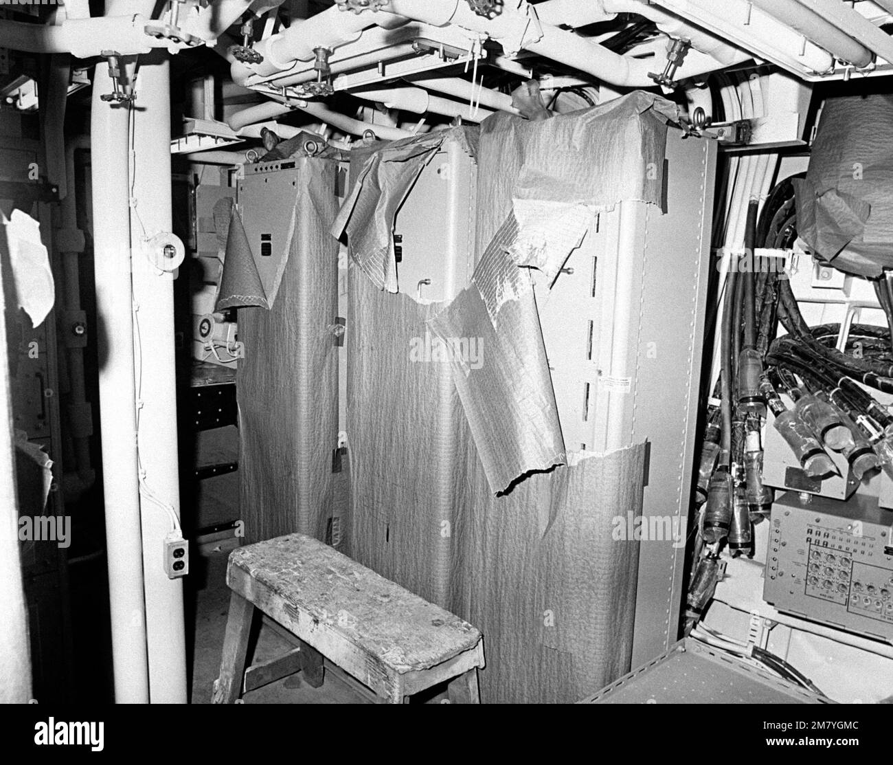 An interior view of the sonar equipment room on the guided missile ...
