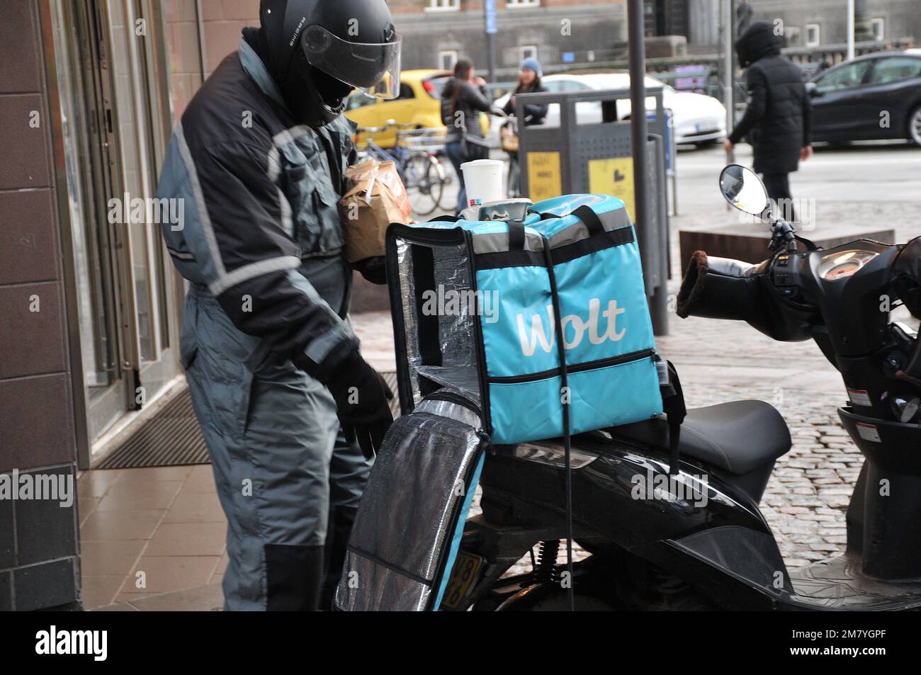 Copenhagen/Denmark/11 January 2023/ Wolt partner food delivery male in ...