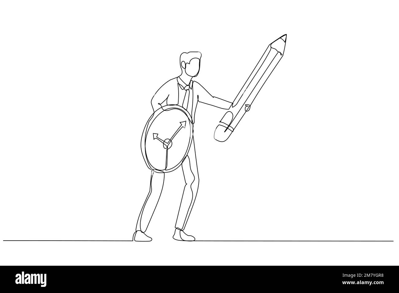 Drawing of businessman using pencil as sword and clock as shield ...