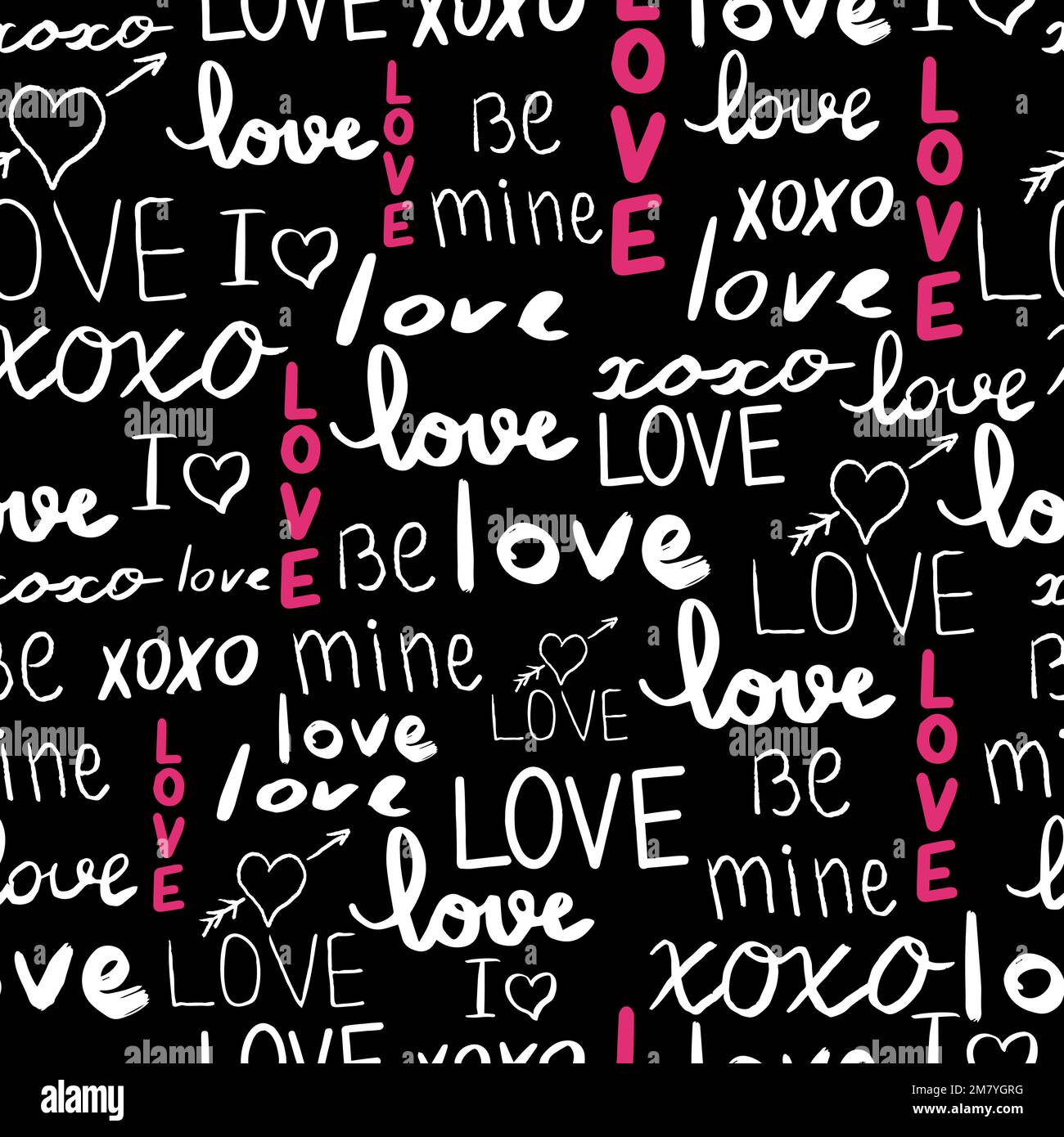 Text love, script cute doodle hand drawn seamless pattern on black ...