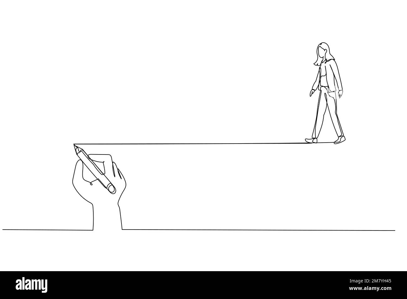 Cartoon of businesswoman walking following on guide line written by man ...