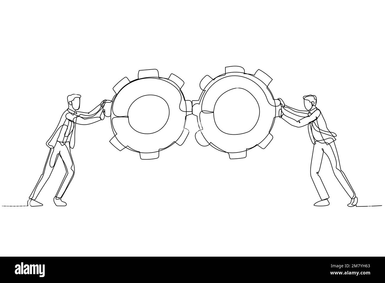 Cartoon of businessman pushing gears wheel concept of business team work. One line art style ...
