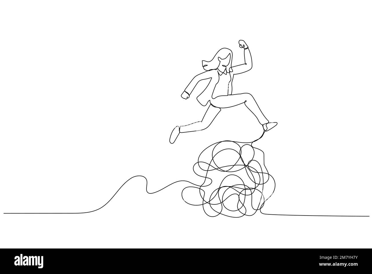Illustration of businesswoman jumping over messy line metaphor of ...