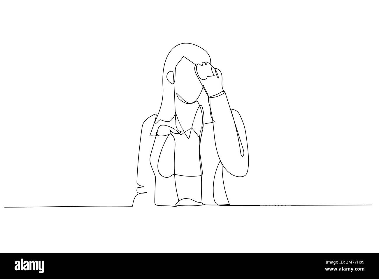 Cartoon of stress businesswoman worker feeling headache exhausted and unhappy. Single line art ...