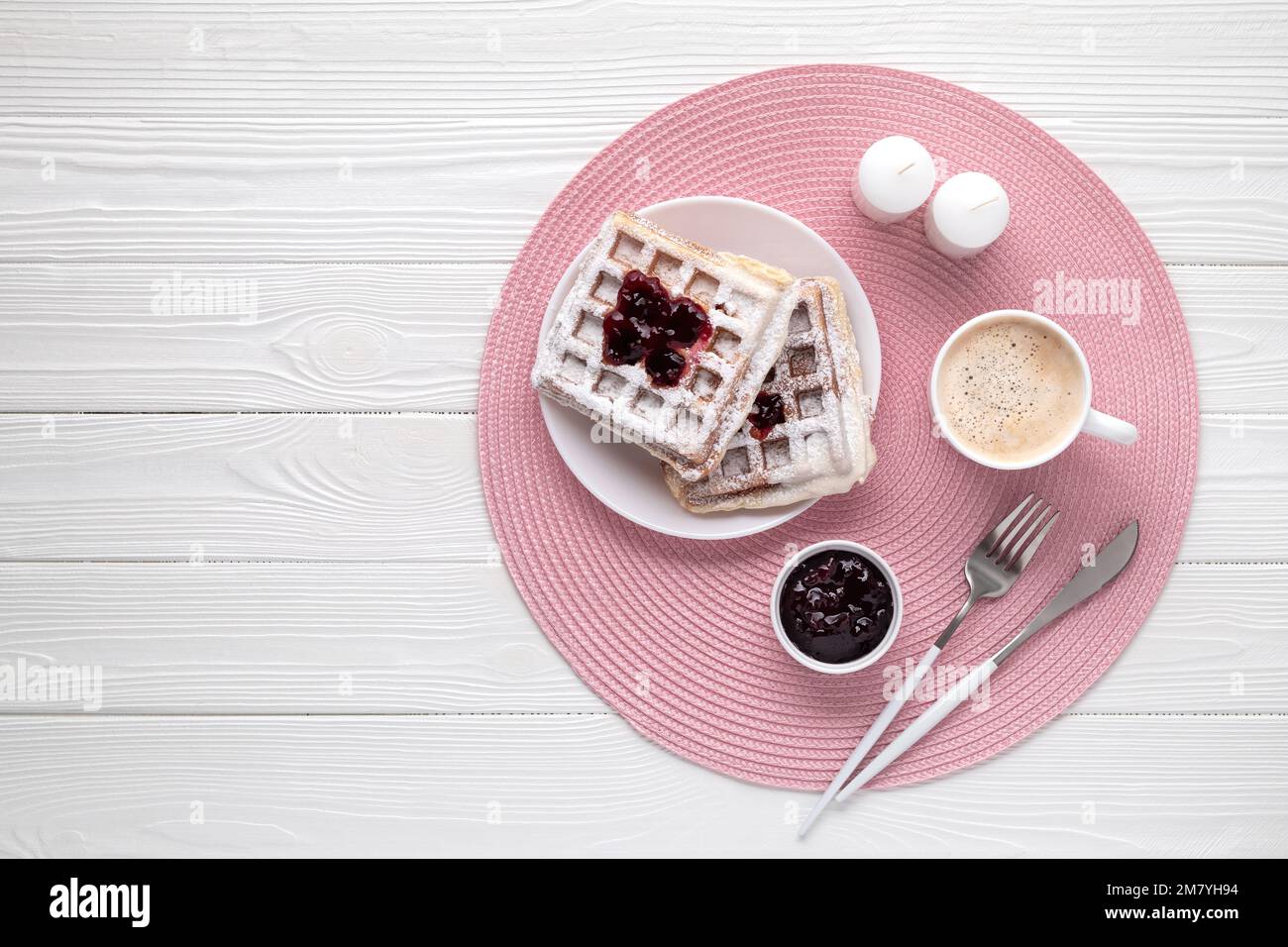 Belgian waffles and latte on white wooden table. Top view. Food and ...
