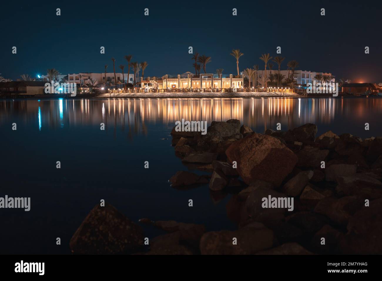 A beautiful long exposure of El Gouna lagoon with a view of a hotel at ...