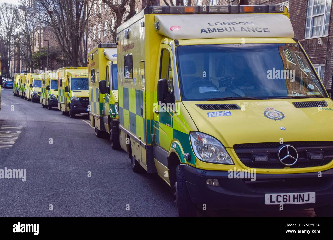 London, UK. 11th January 2023. Ambulance vehicles parked outside the ...