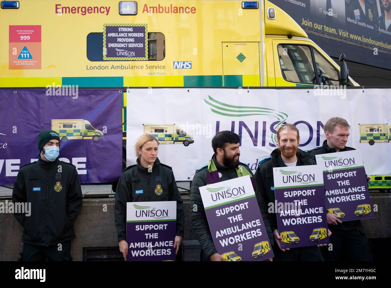 NHS (National Health Service) ambulance workers with the Unison trade ...