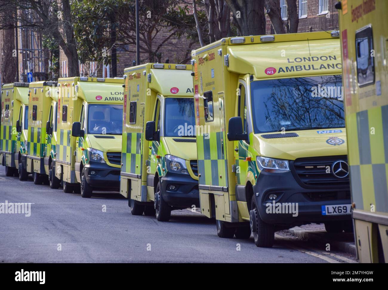 London, UK. 11th January 2023. Ambulance vehicles parked outside the ...