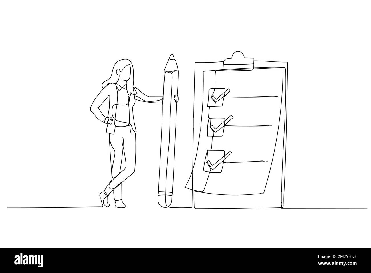 Illustration of businesswoman holding pencil at questionnaire checklist ...