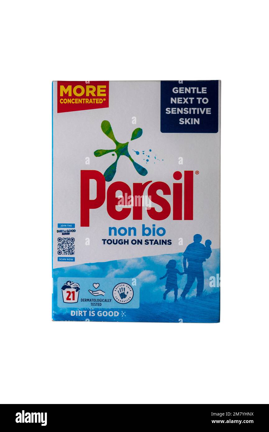 box of Persil non bio washing powder tough on stains gentle next to ...