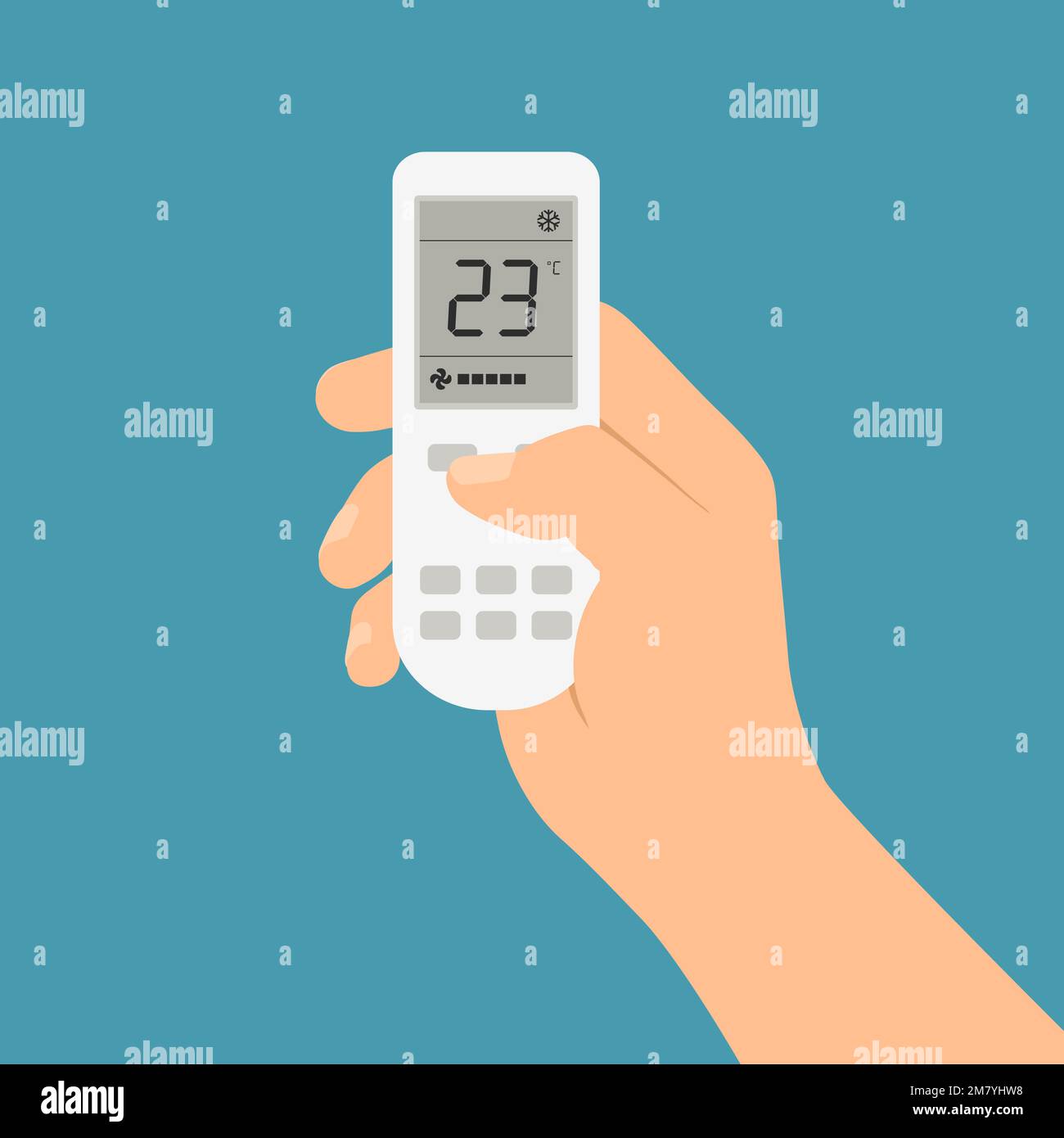Male hand holding air conditioner controller with buttons and display ...