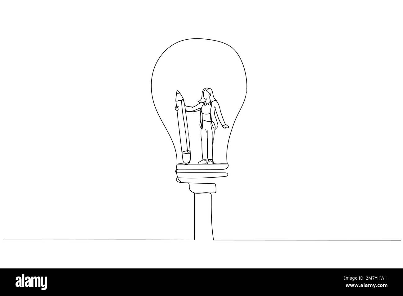 Drawing of businesswoman holding pencil think inside idea on lightbulb ...