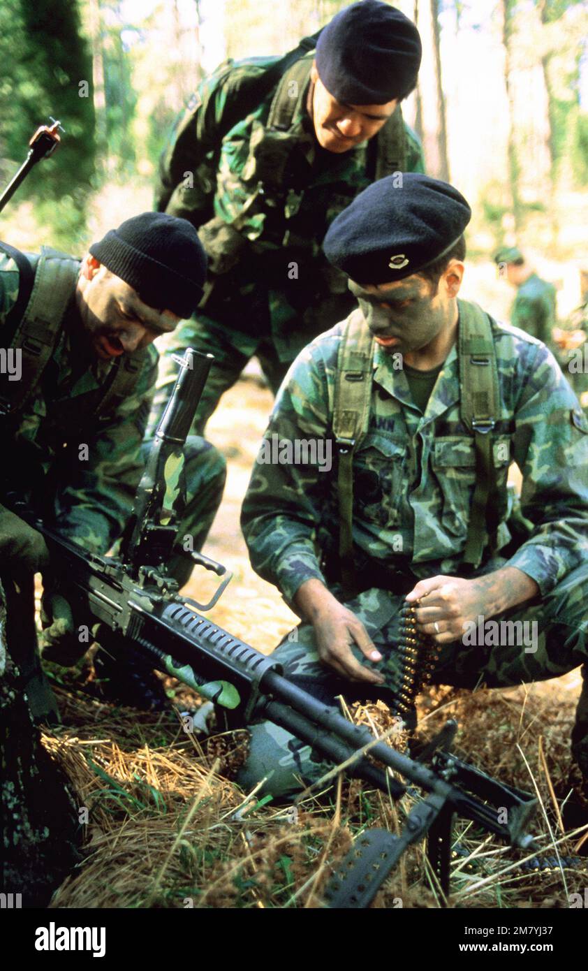 An assault team checks and reloads an M-60 machine gun during air base ...