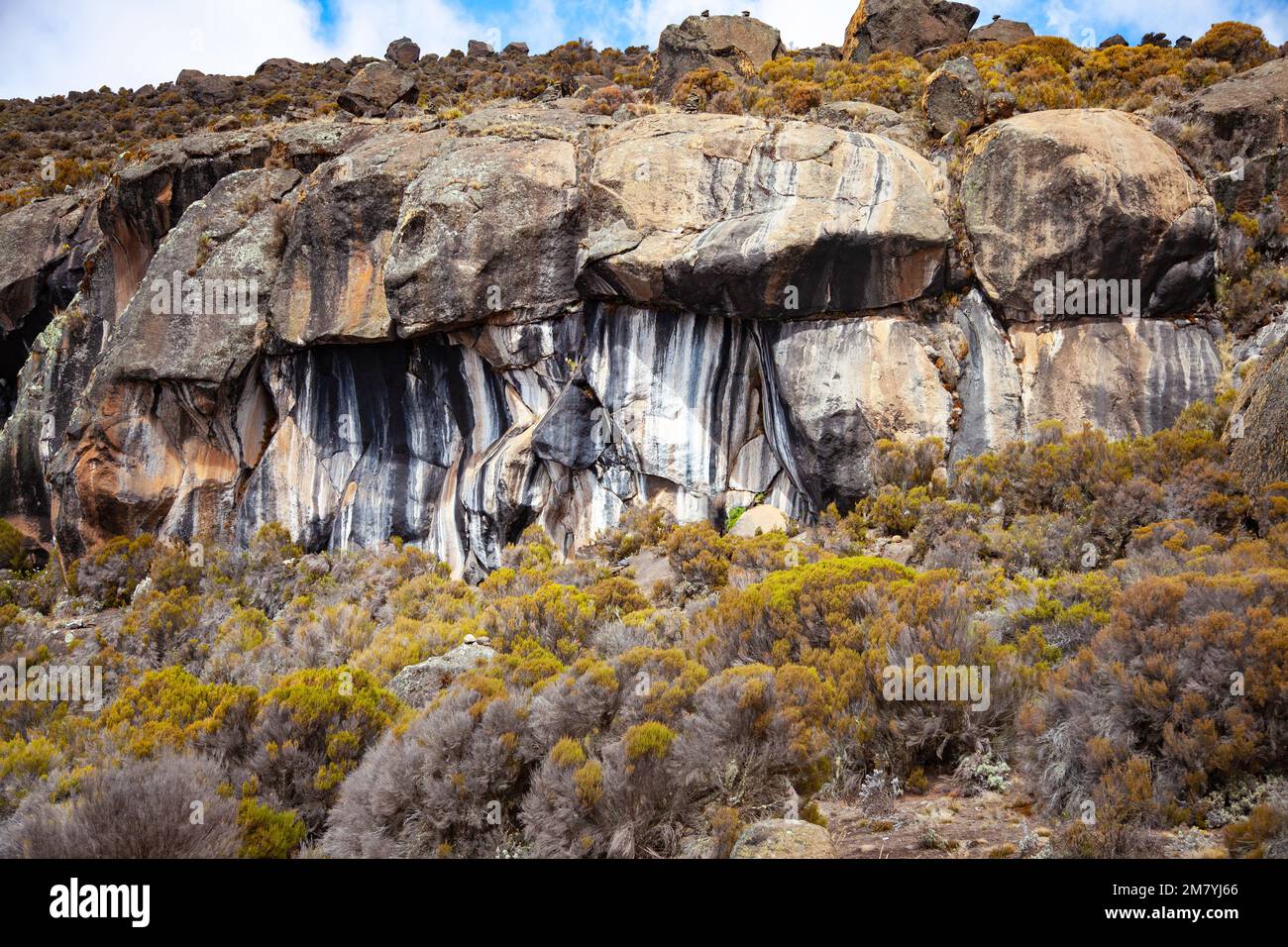 The Zebra rocks on the way to the summit of Mount Kilimanjaro, Tanzania ...