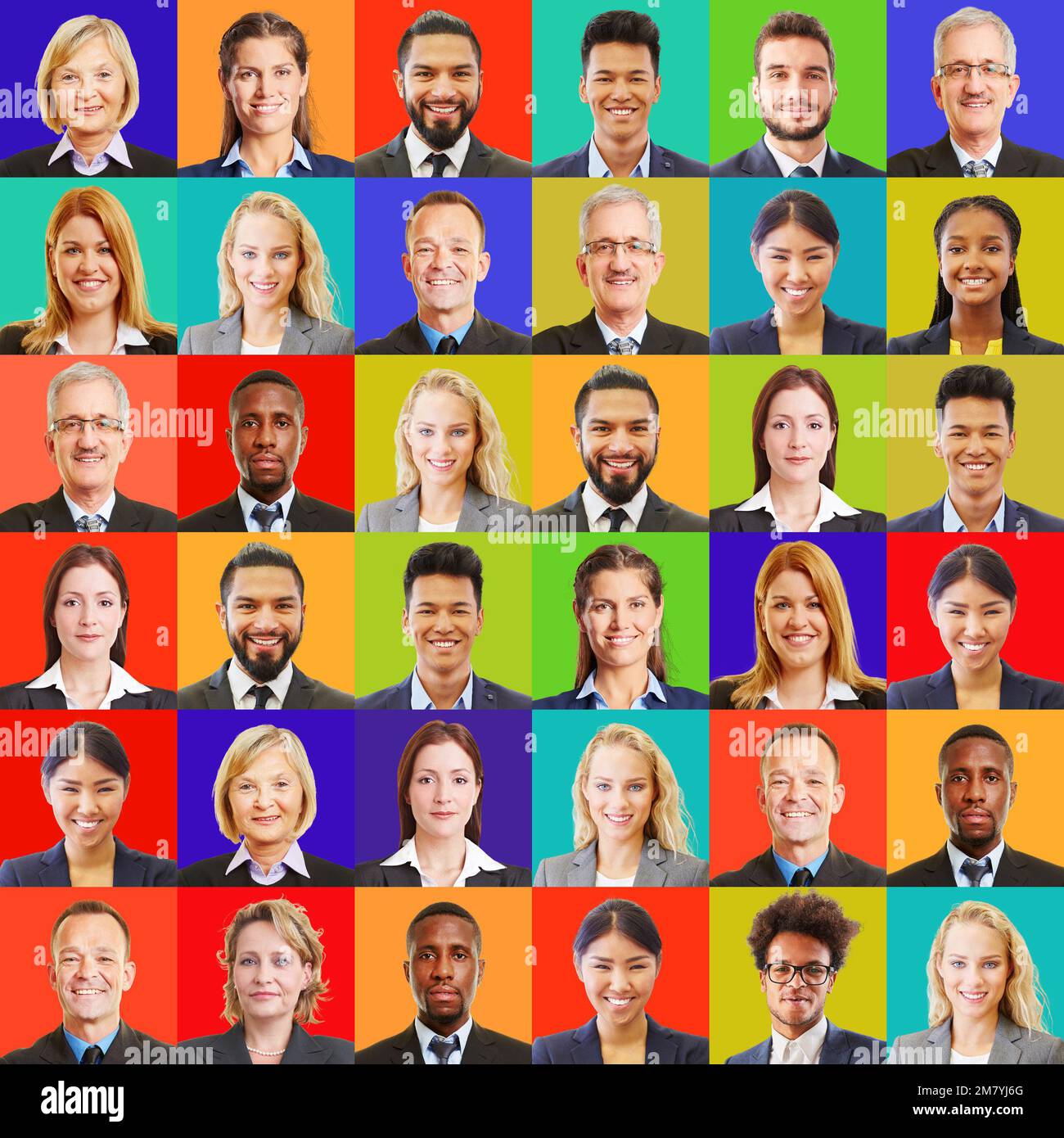 Square of many portraits of business people in front of colorful ...