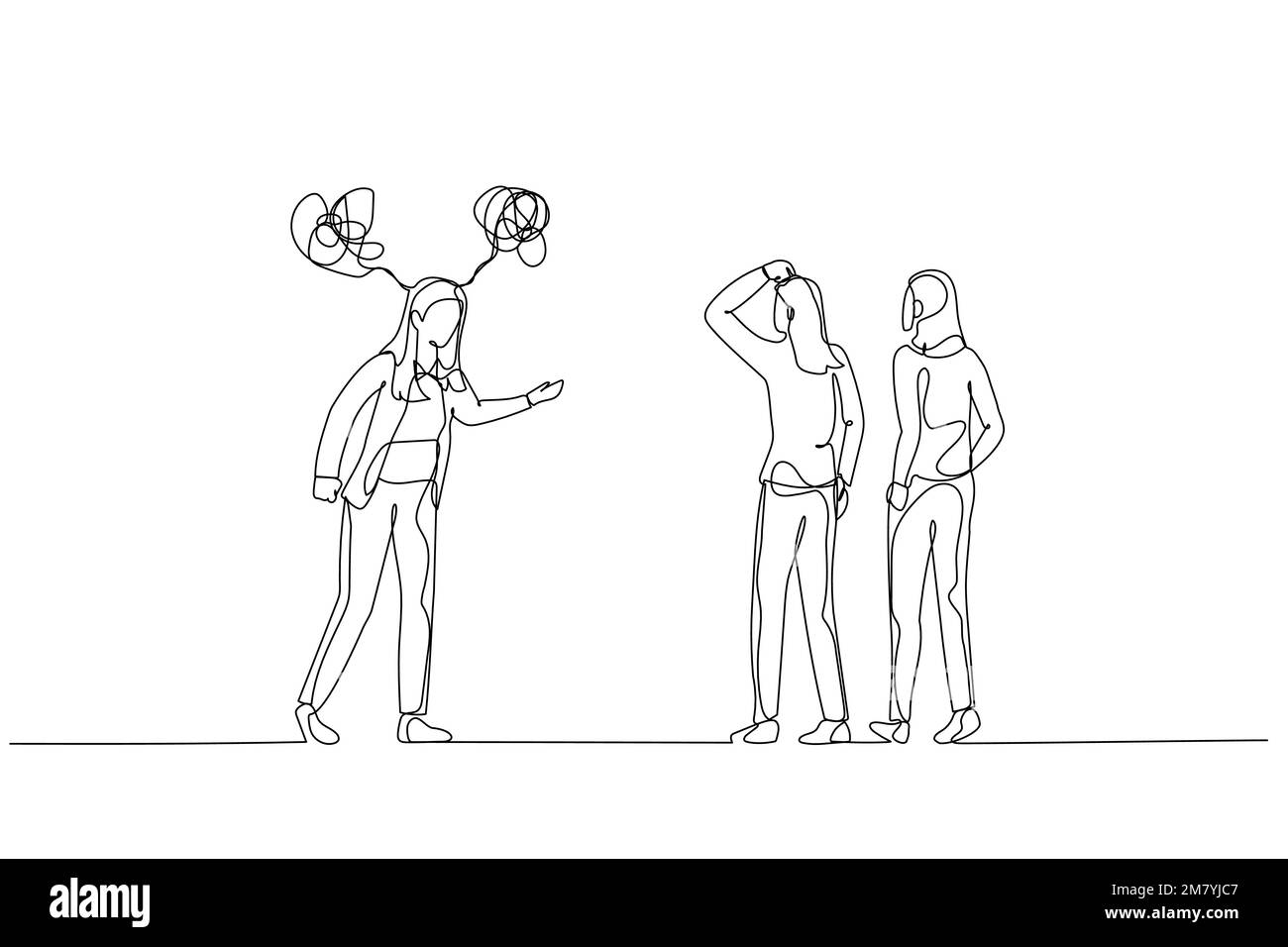 Drawing of businesswoman get angry to calm coworker metaphor of ...