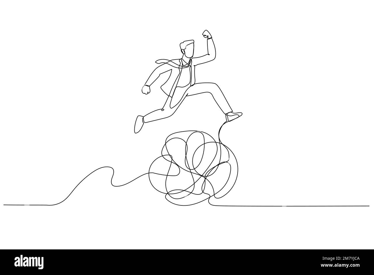 Cartoon of businessman jumping over messy line metaphor of overcoming ...