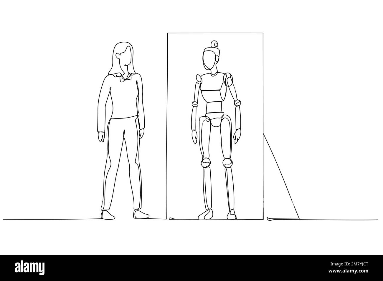 Drawing of business woman looking into mirror and seeing robot version ...