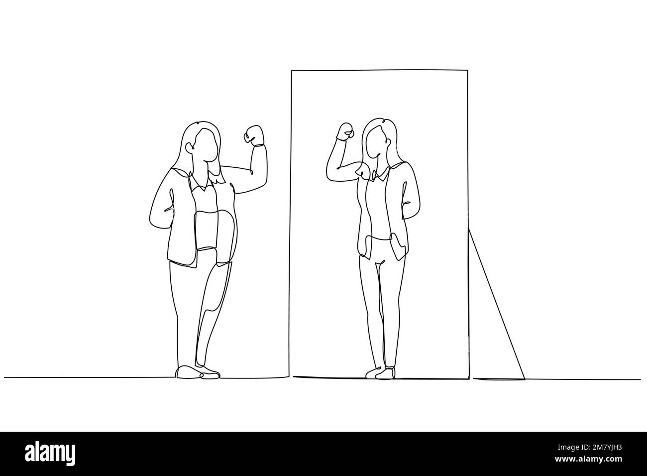 Cartoon of fat business woman looking into mirror seeing fit lean ...